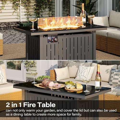 LAUSAINT HOME 43" Outdoor Fire Pit Table, 50,000 BTU Auto-Ignition Propane Gas Firepits with Glass Wind Guard, Fire Glass and Lid for Outside Patio