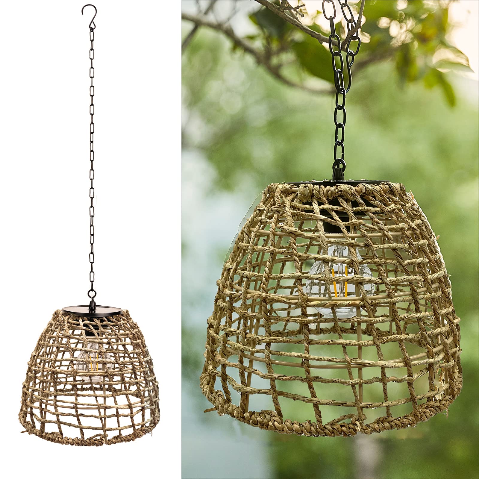 Outdoor Solar Hanging Lantern, Natural Seeweed Rattan Bamboo Woven Porch Patio Gazebo Pendent Chandelier Light Decorative Solar Powered Hanging Lamp for Front Door Garden