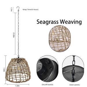 Outdoor Solar Hanging Lantern, Natural Seeweed Rattan Bamboo Woven Porch Patio Gazebo Pendent Chandelier Light Decorative Solar Powered Hanging Lamp for Front Door Garden