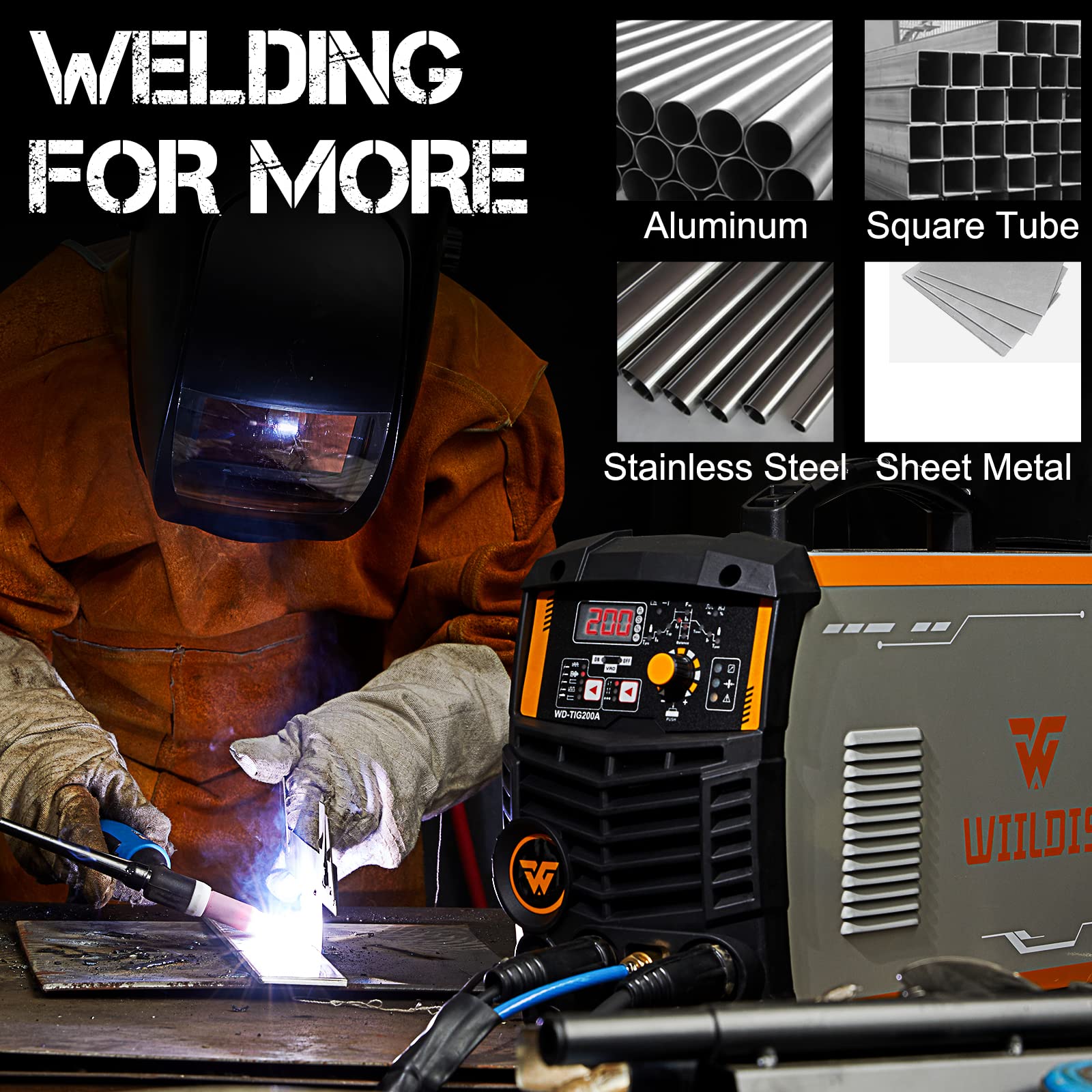 WIILDIS 200 Amp AC/DC Aluminum TIG Welder with Pulse, 220V IGBT Digital Inverter TIG/MMA Welding Machine with Foot Pedal, VRD Function for Carbon Steel,Stainless Steel and Aluminum