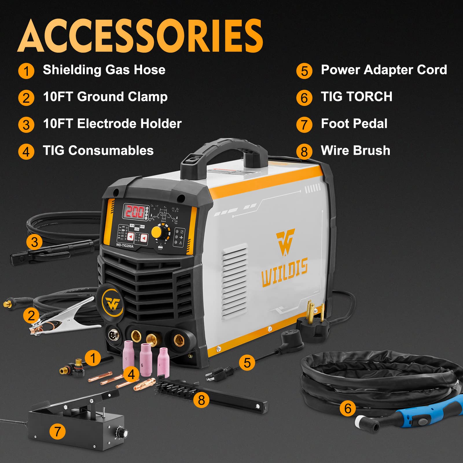 WIILDIS 200 Amp AC/DC Aluminum TIG Welder with Pulse, 220V IGBT Digital Inverter TIG/MMA Welding Machine with Foot Pedal, VRD Function for Carbon Steel,Stainless Steel and Aluminum