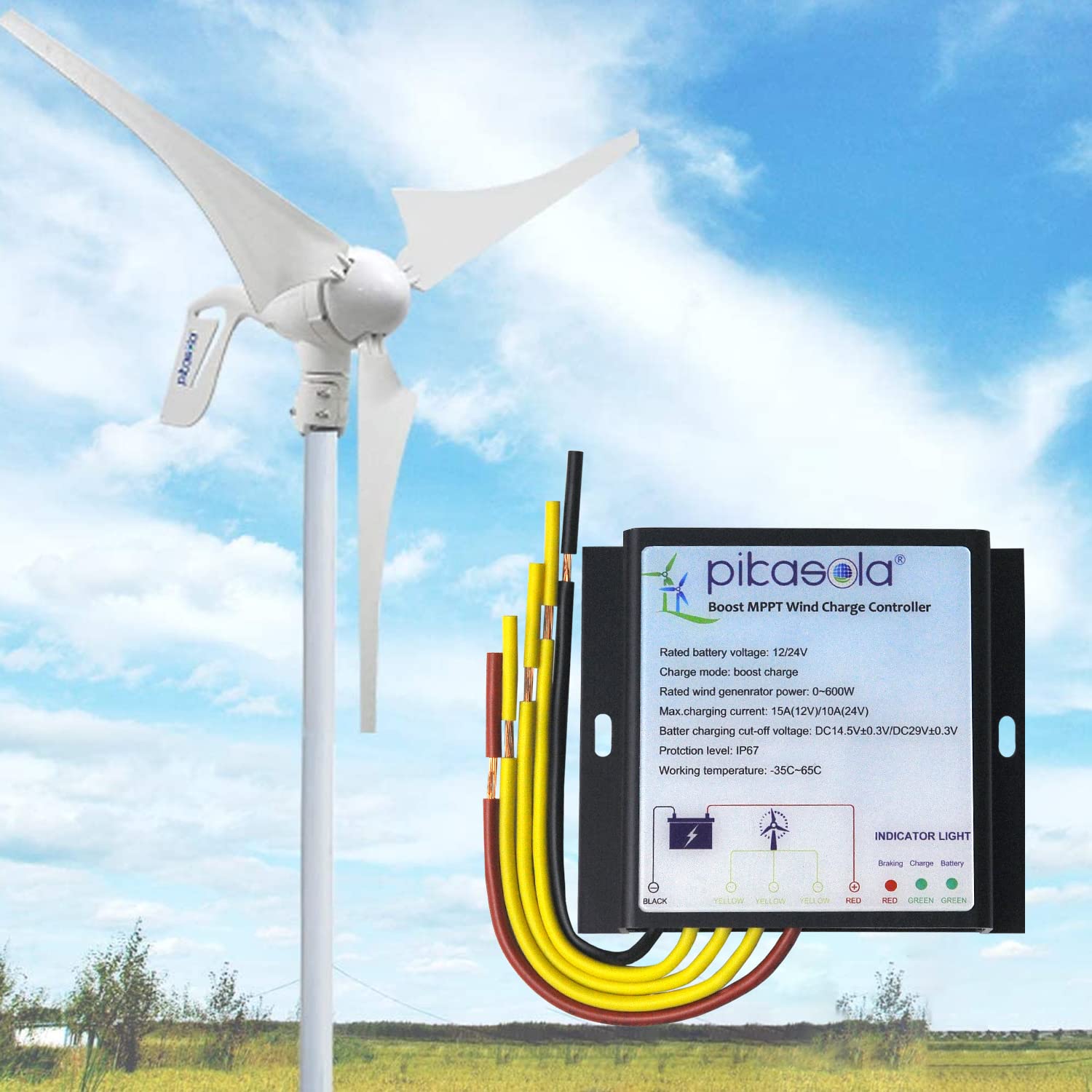 Pikasola MPPT Wind Turbine Charge Controller Wind Generator Controller, 12V/24V Auto Match MPPT Controller IP67 Waterproof, Suitable for 400Watt 600Watt Wind Turbine Generator