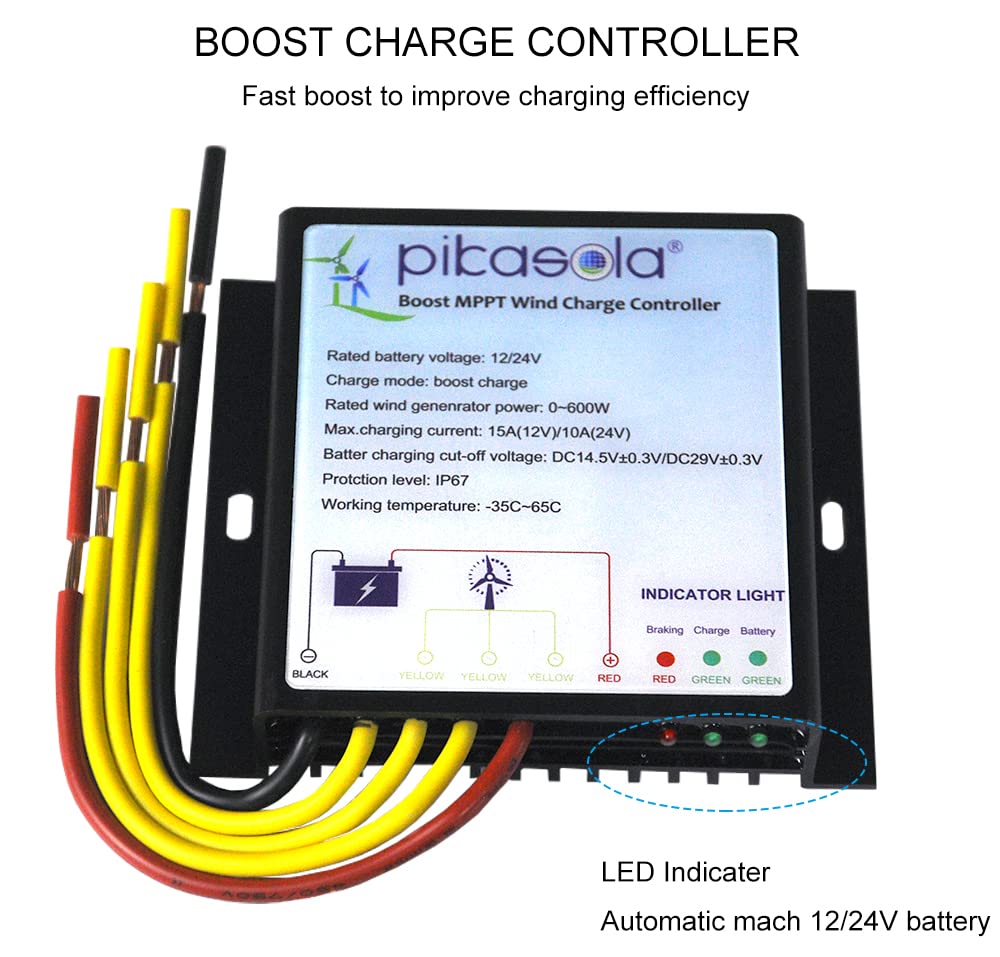 Pikasola MPPT Wind Turbine Charge Controller Wind Generator Controller, 12V/24V Auto Match MPPT Controller IP67 Waterproof, Suitable for 400Watt 600Watt Wind Turbine Generator