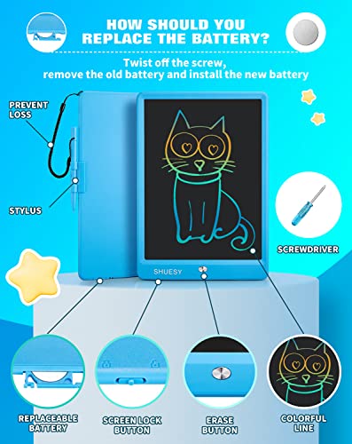 SHUESY LCD Writing Tablet for Kids – 8.5 inch Colorful Graffiti Drawing Board for Toddlers – Magic Scribble Doodle Board – Touch Screen LCD Drawing Tablet – Doodle Pad for Toddler 1-3 4-8 (Blue)