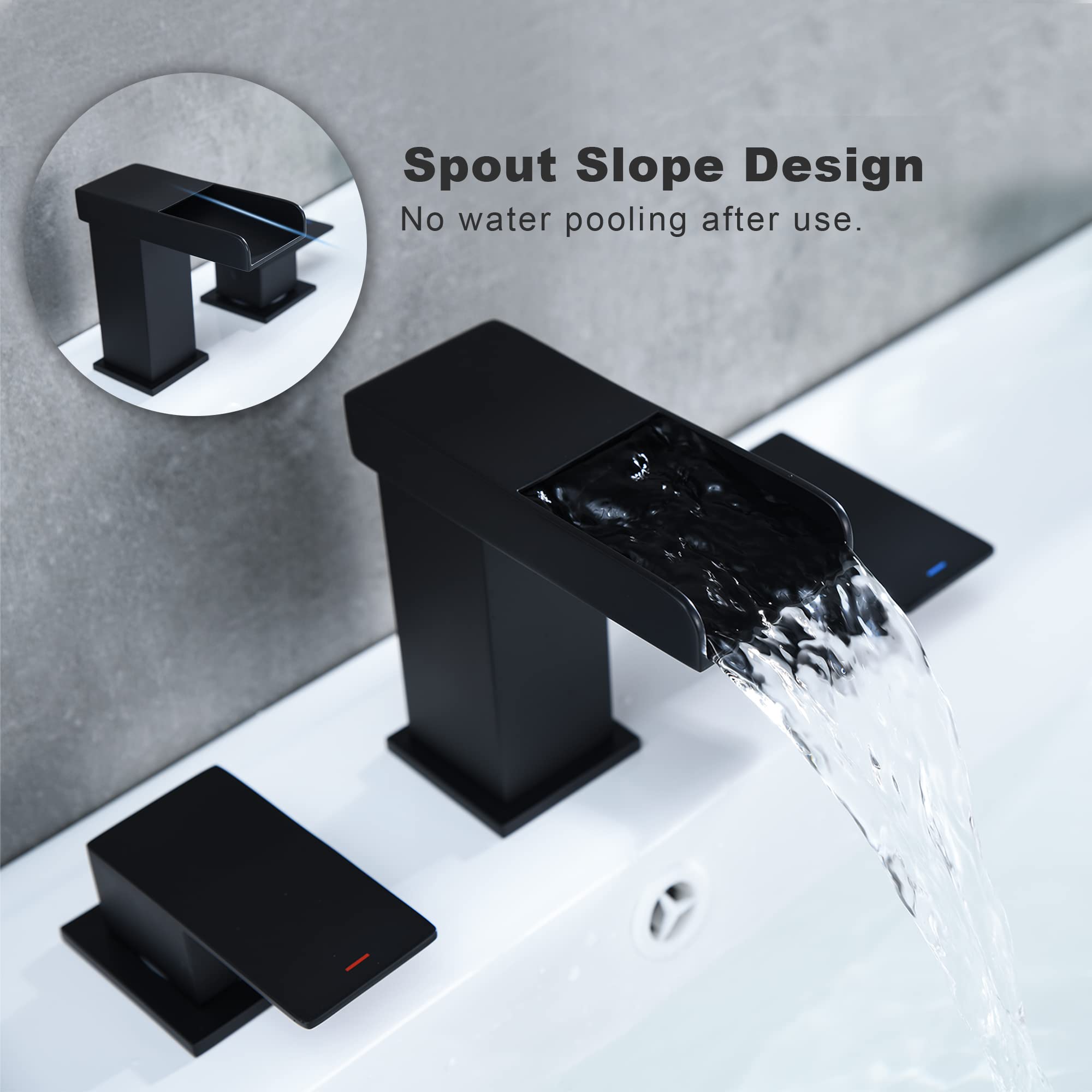 PerPaiMe Matte Black Waterfall Bathroom Faucet, 8-Inch, 2 Handles, 3-Hole, Metal Pop-Up Drain, 60cm Supply Line, 2-3/8 Inch Clearance