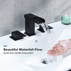 PerPaiMe Matte Black Waterfall Bathroom Faucet, 8-Inch, 2 Handles, 3-Hole, Metal Pop-Up Drain, 60cm Supply Line, 2-3/8 Inch Clearance