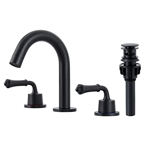 KZH Black Bathroom Faucet for Sink 3 Hole, Widespread Bathroom Sink Faucet,8 inch 2 Handle Basin Faucet Mixer Taps with Water Supply Lines & Pop Up Drain