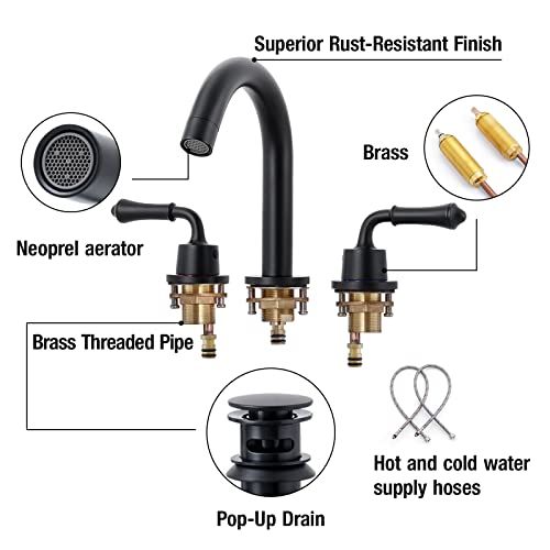 KZH Black Bathroom Faucet for Sink 3 Hole, Widespread Bathroom Sink Faucet,8 inch 2 Handle Basin Faucet Mixer Taps with Water Supply Lines & Pop Up Drain