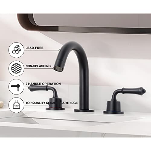 KZH Black Bathroom Faucet for Sink 3 Hole, Widespread Bathroom Sink Faucet,8 inch 2 Handle Basin Faucet Mixer Taps with Water Supply Lines & Pop Up Drain