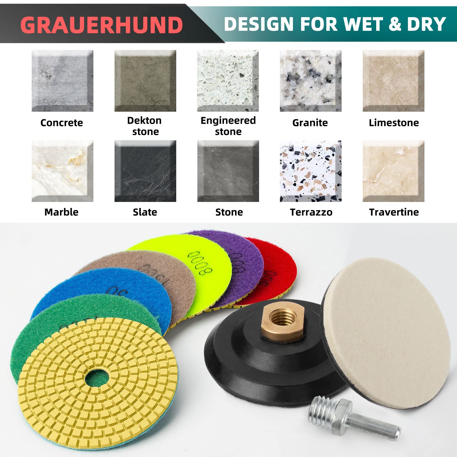 15 Pack 4 Inch Diamond Polishing Pads with 5/8” - 11 Backer Pad, Wool Felt Buffing Pad 50-8000 Grit Wet/Dry Polish Pad Kit for Drill Grinder Polisher Granite Marble Stone Concrete Countertop Quartz