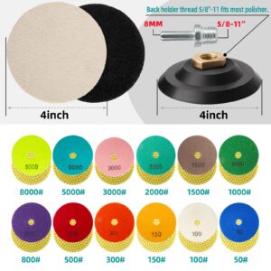 15 Pack 4 Inch Diamond Polishing Pads with 5/8” - 11 Backer Pad, Wool Felt Buffing Pad 50-8000 Grit Wet/Dry Polish Pad Kit for Drill Grinder Polisher Granite Marble Stone Concrete Countertop Quartz