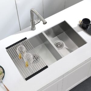 33 Undermount Double Bowl Stainless Steel Kitchen Sink - Dorzom 33" x 17" Stainless Steel Sink 18 Gauge Right Angle Double Bowl 60/40 Kitchen Sink Basin H004L-331709