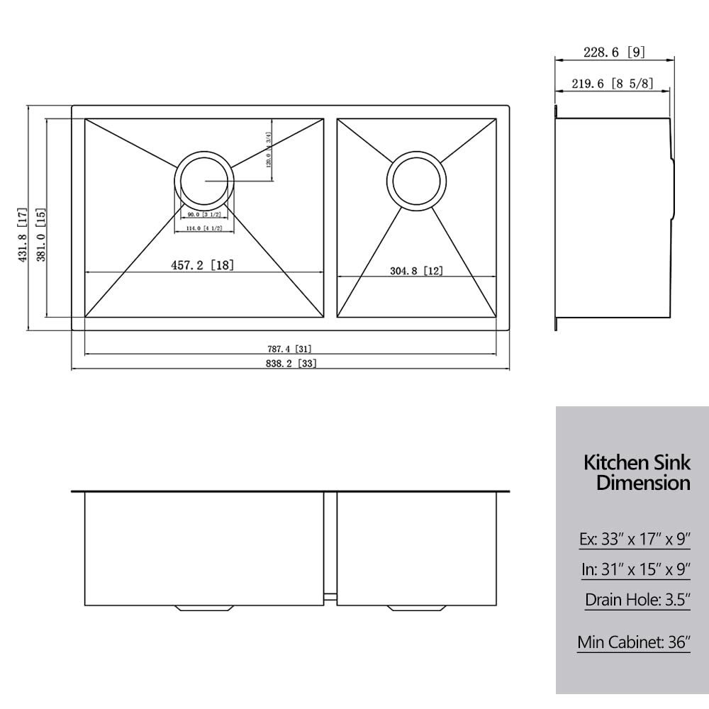 33 Undermount Double Bowl Stainless Steel Kitchen Sink - Dorzom 33" x 17" Stainless Steel Sink 18 Gauge Right Angle Double Bowl 60/40 Kitchen Sink Basin H004L-331709