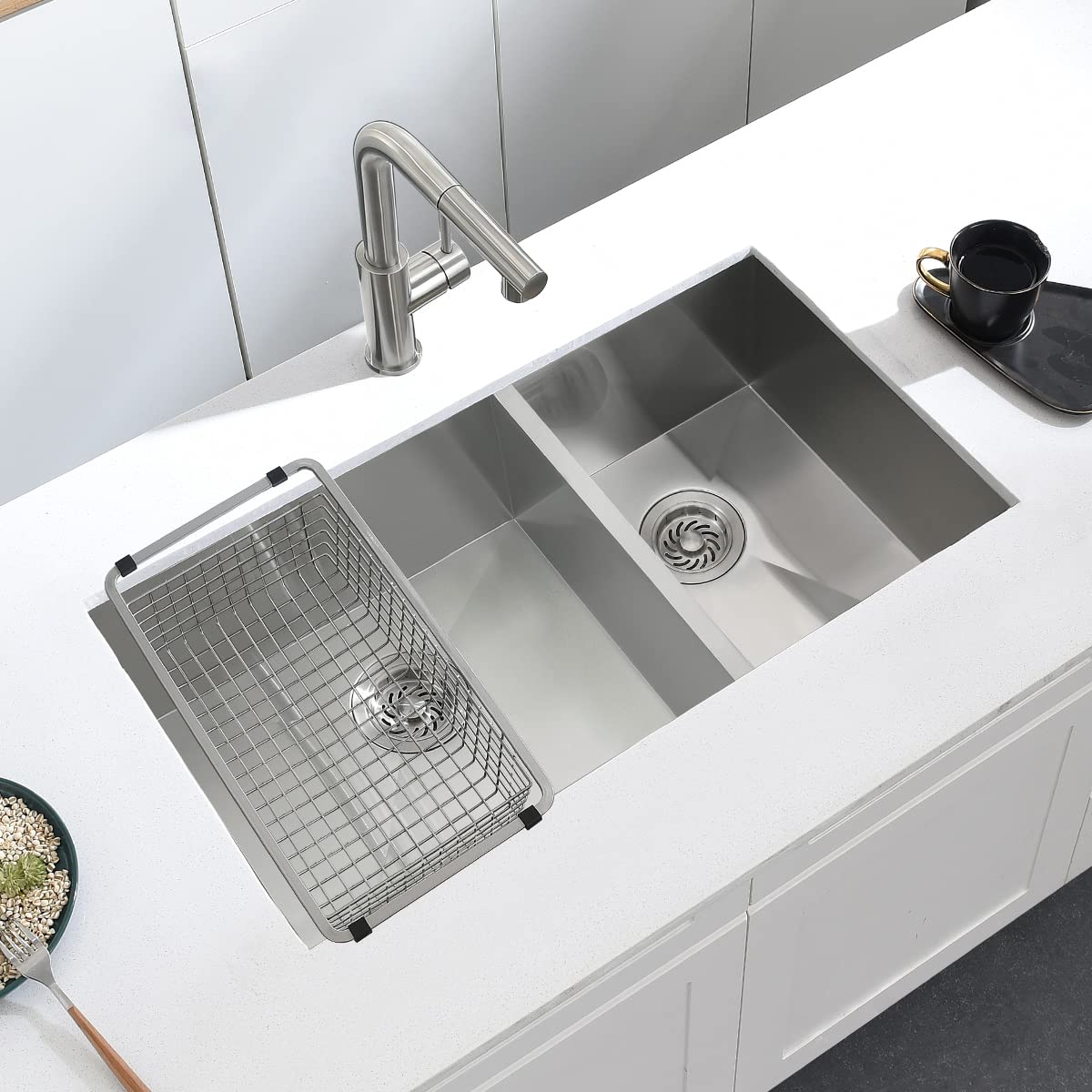 33 Undermount Double Bowl Stainless Steel Kitchen Sink - Dorzom 33" x 17" Stainless Steel Sink 18 Gauge Right Angle Double Bowl 60/40 Kitchen Sink Basin H004L-331709