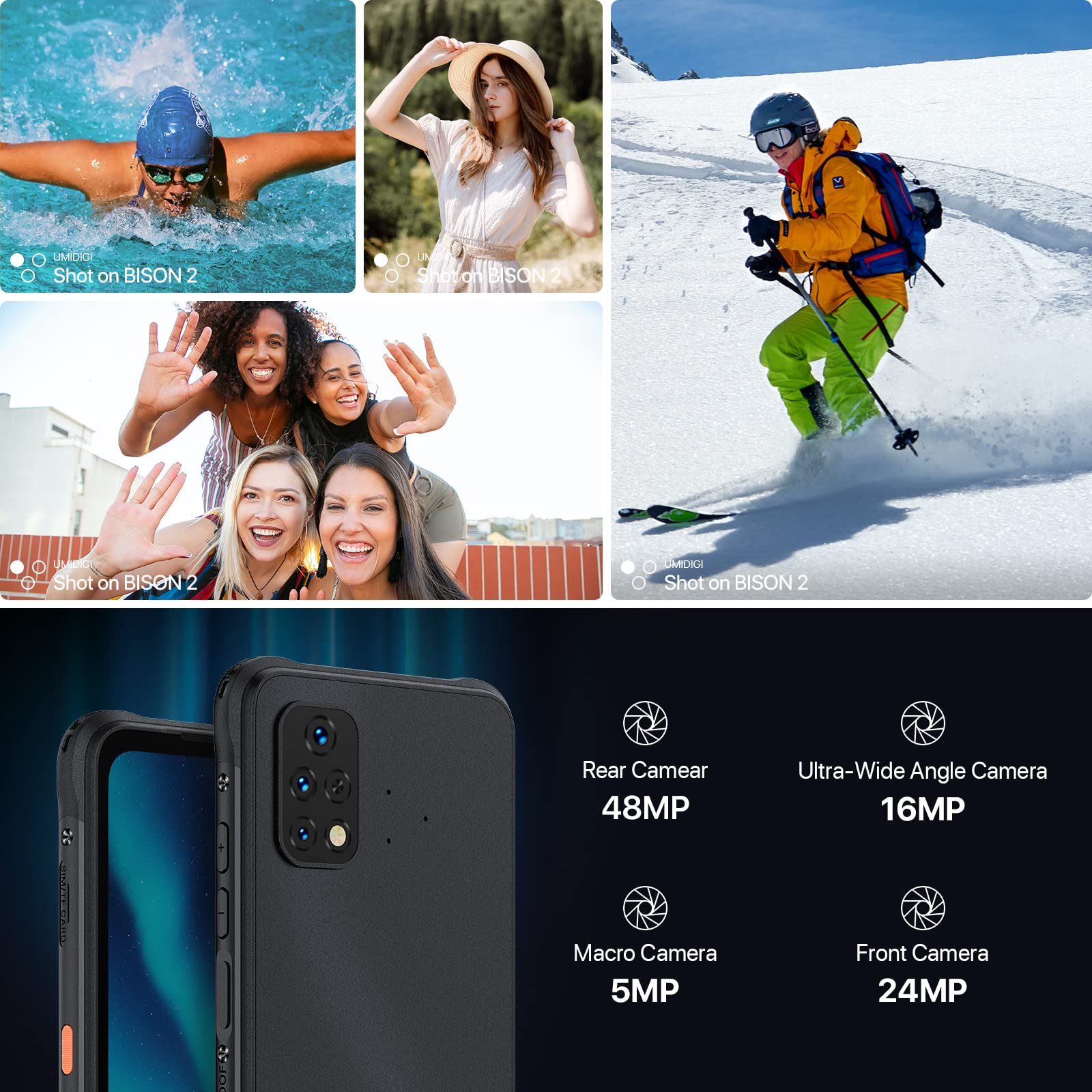 UMIDIGI Bison 2 Rugged Smartphones Unlocked,6GB+128GB Android 12 IP68/IP69K Waterproof Shockproof Phone 6150mAh Battery with 6.5" Large Full Screen Smartphone 48MP Main Camera 4G Cell Phone - Black