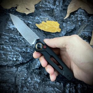 Spring Assist Button lock knife, EDC Folding Pocket Knife For Men, Stonewashed Reverse Tanto Blade, Black Aluminum Handles With Reversible Deep Carry Clip for Everyday Outdoor Camping (black handle)