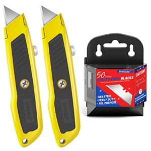 diyself 2 pack box cutter retractable set, retractable utility knife with 50 pack utility knife blades, sk5 steel box cutter blades, heavy duty utility knife for carton, cardboard and box (yellow)