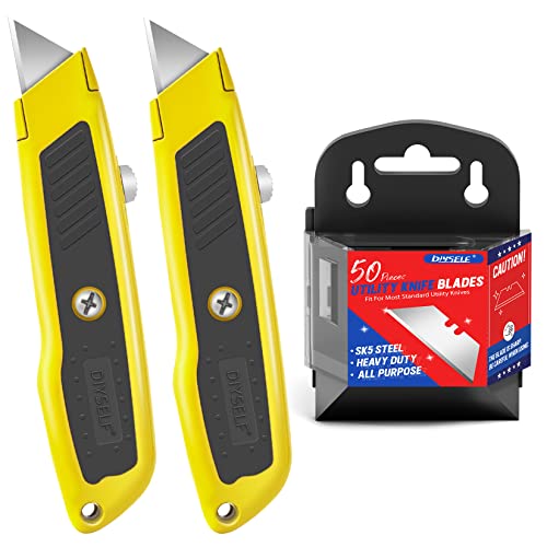 DIYSELF 2 Pack Box Cutter Retractable Set, Retractable Utility Knife with 50 Pack Utility Knife Blades, SK5 Steel Box Cutter Blades, Heavy Duty Utility Knife for Carton, Cardboard and Box (Yellow)