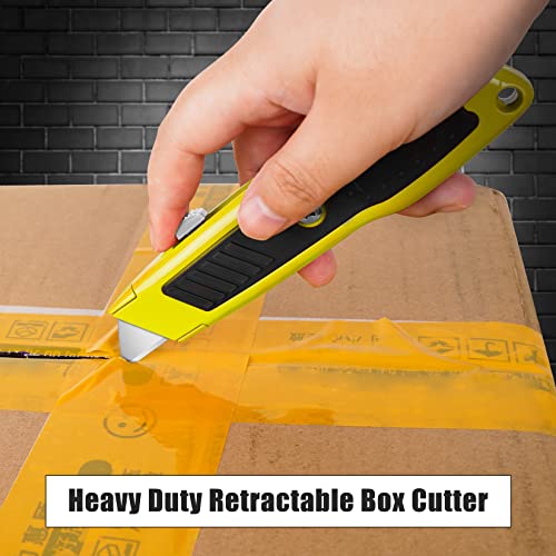 DIYSELF 2 Pack Box Cutter Retractable Set, Retractable Utility Knife with 50 Pack Utility Knife Blades, SK5 Steel Box Cutter Blades, Heavy Duty Utility Knife for Carton, Cardboard and Box (Yellow)