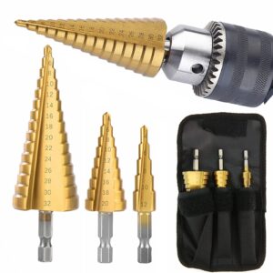 3 pcs step drill bit, high-speed metal hole drill bits set for steel, 4-12mm, 4-20mm, 4-32mm, titanium plating drill bits for metalworking, woodworking tools for diy lovers