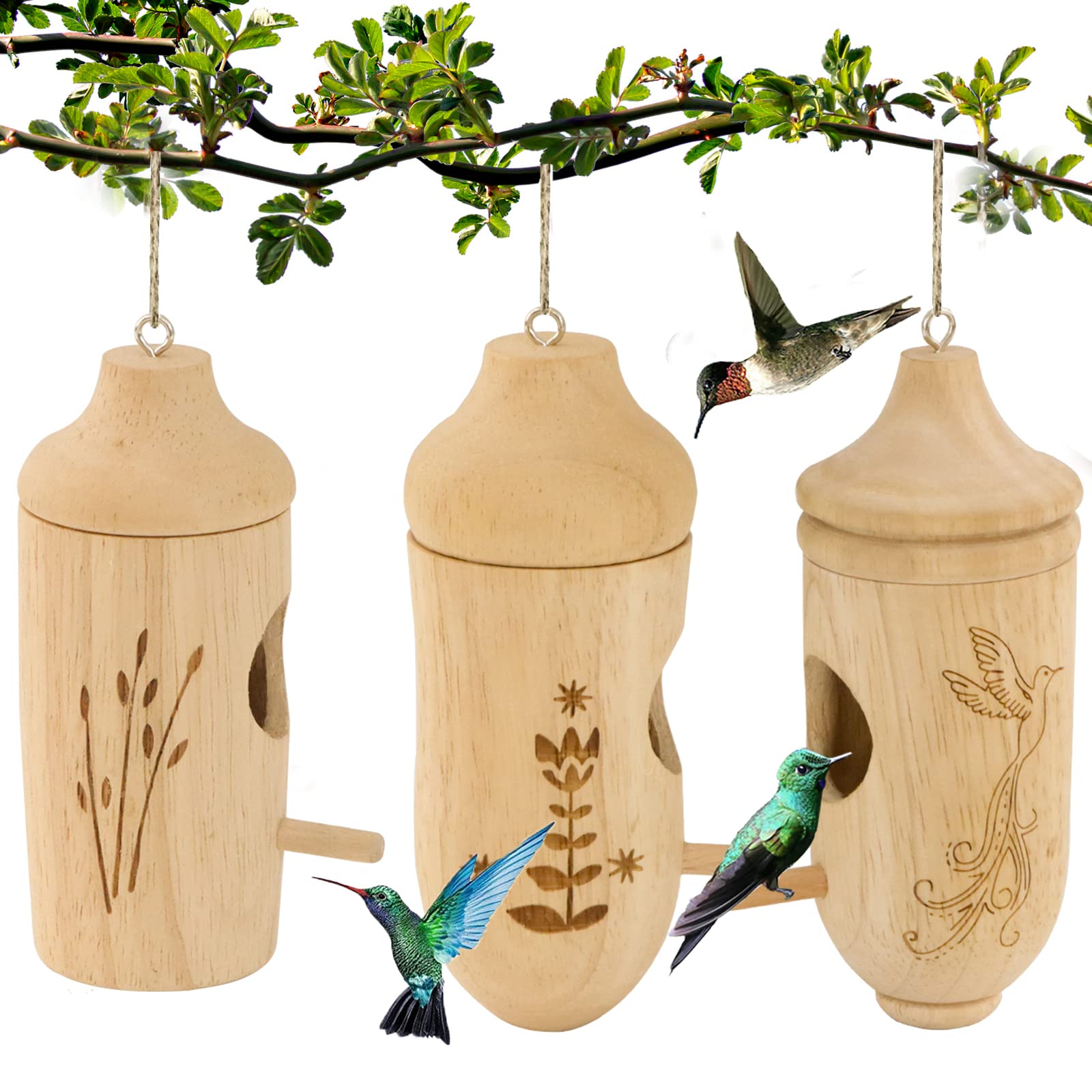 OROGHT Hummingbird House - Natural Wooden Hummingbird Houses for Outside Hanging, Gardening Gifts Home Decoration 3 Packs