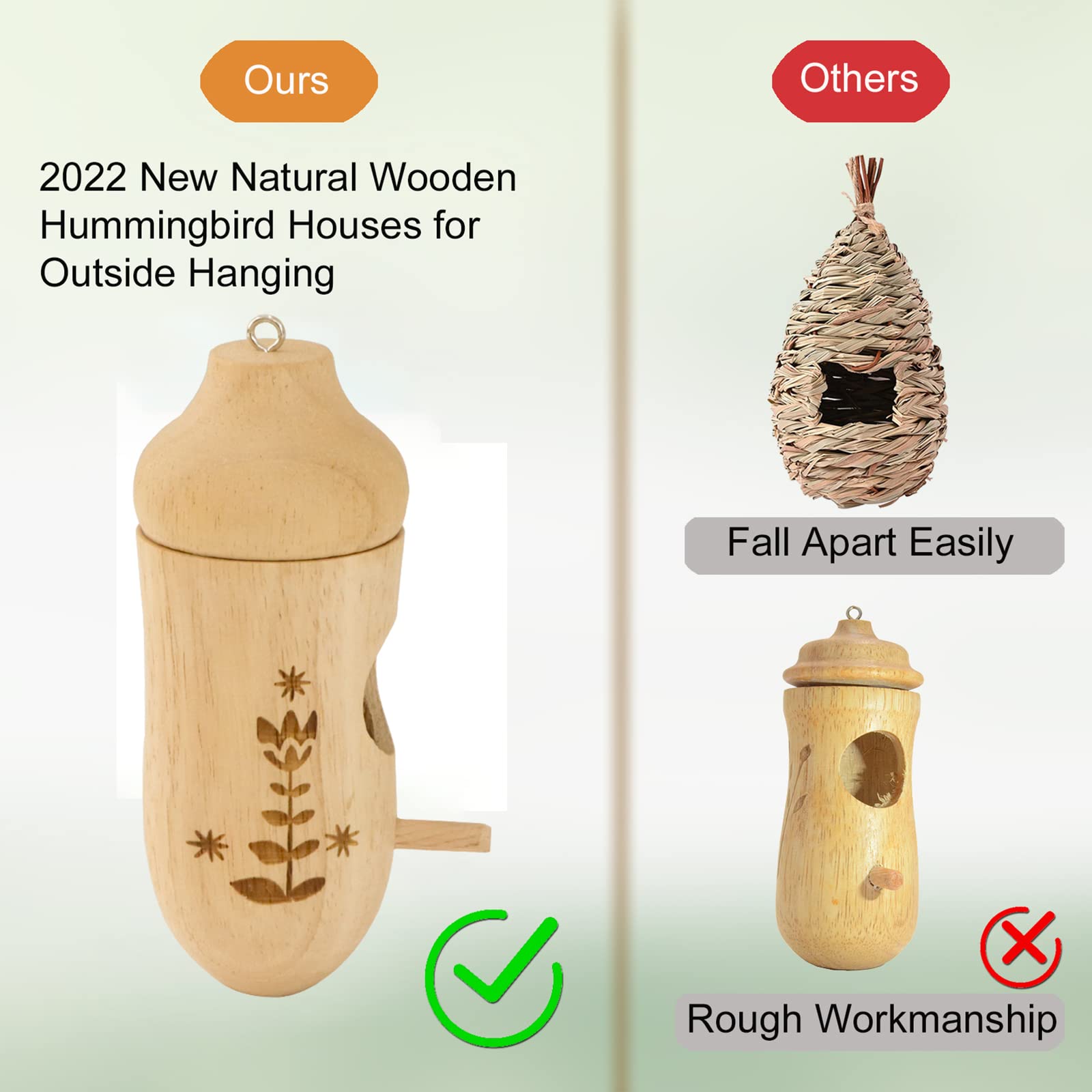 OROGHT Hummingbird House - Natural Wooden Hummingbird Houses for Outside Hanging, Gardening Gifts Home Decoration 3 Packs