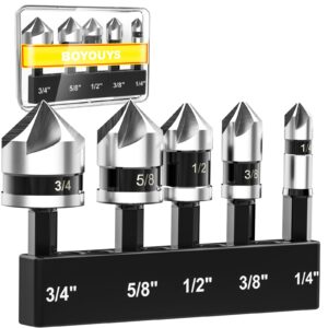 countersink bit set for metal, m2 cobalt countersunk bits 5 pieces, 1/4" hex shank countersunk bit set for drilling in copper, aluminum, wood, plastic