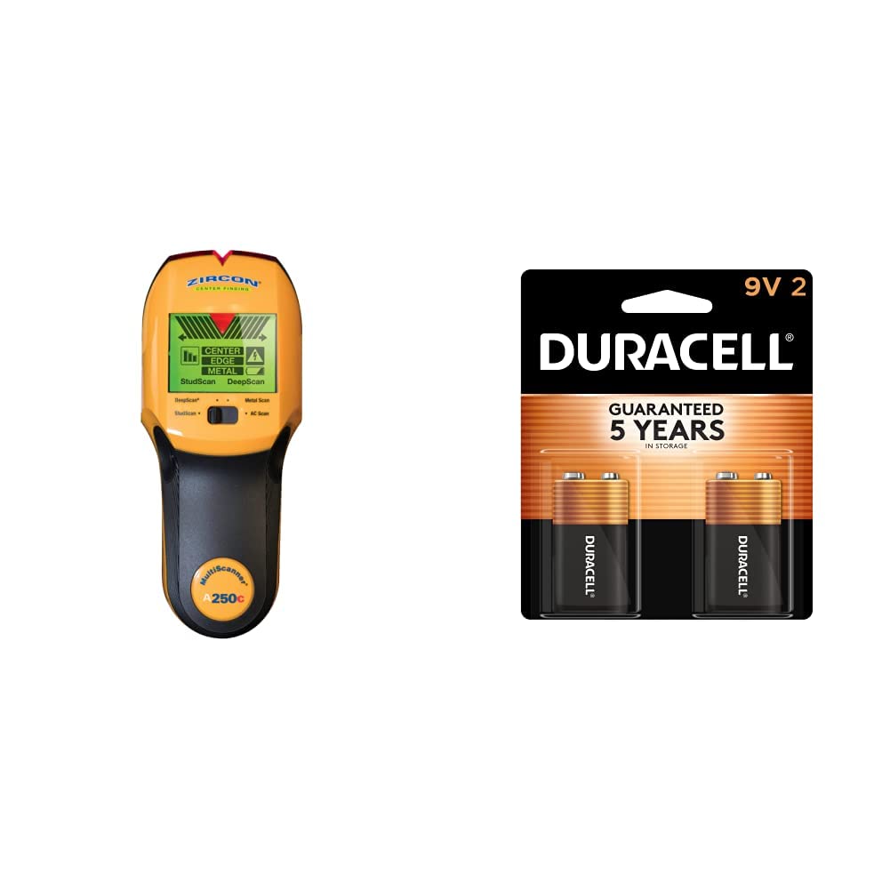 Zircon MultiScanner A250c All-In-One Stud Finder/Metal Detector/Live AC Wire Detection and Scanner + Duracell Coppertop 9V Battery (2 Count Pack)