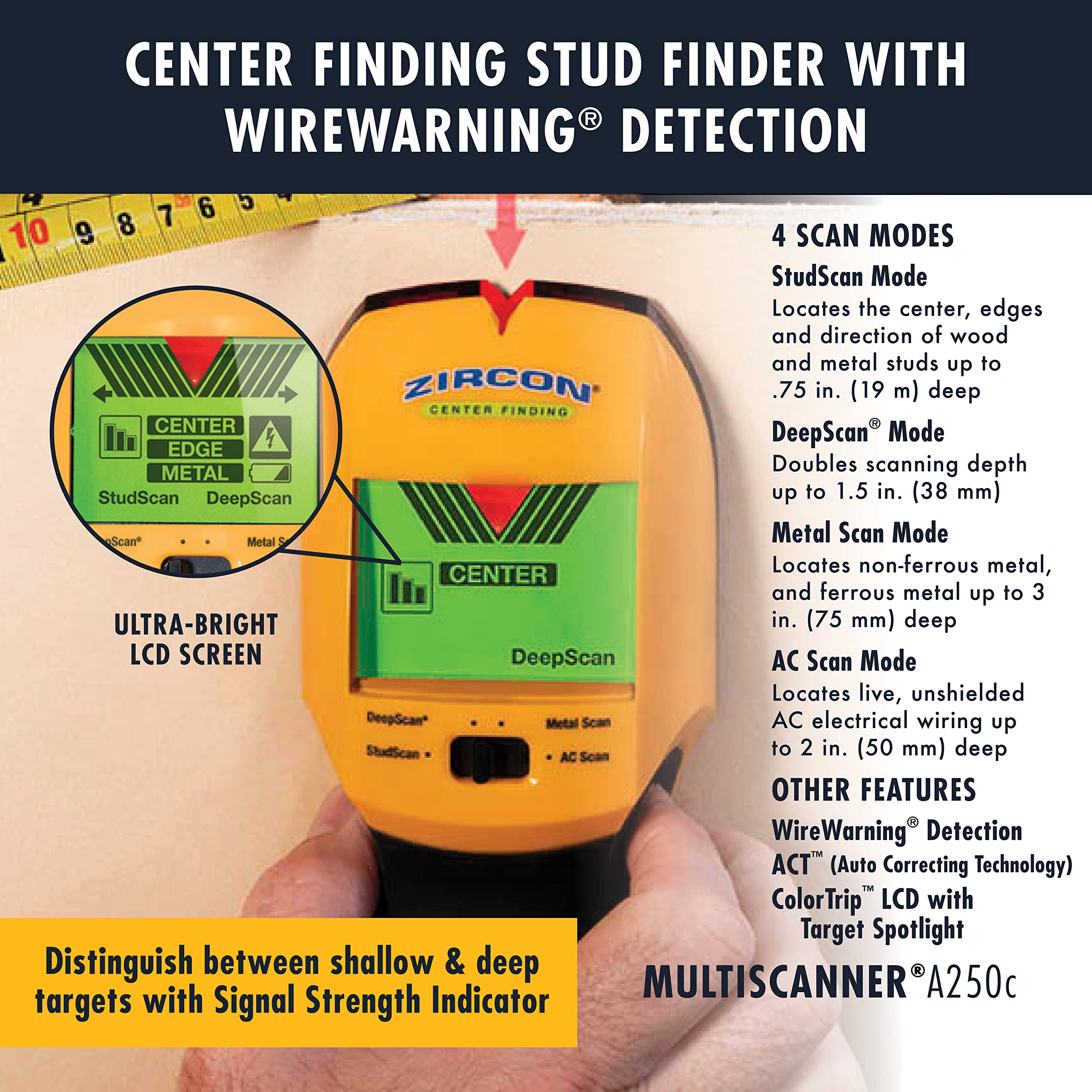 Zircon MultiScanner A250c All-In-One Stud Finder/Metal Detector/Live AC Wire Detection and Scanner + Duracell Coppertop 9V Battery (2 Count Pack)