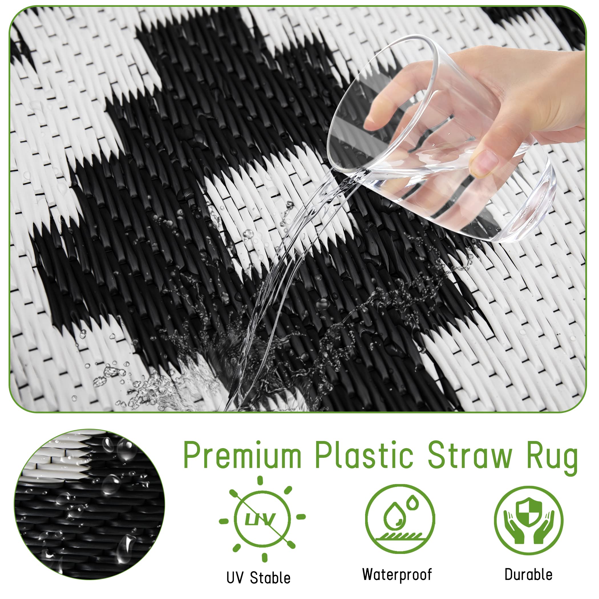 Easy-Going Reversible Outdoor Rugs 4x6ft Waterproof Plastic Straw Rug Stain & UV Resistant Floor Mat for Patio Porch RV Backyard Pool Deck Picnic Beach Trailer Camping (Diamond/Black & White)