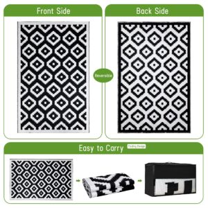 Easy-Going Reversible Outdoor Rugs 4x6ft Waterproof Plastic Straw Rug Stain & UV Resistant Floor Mat for Patio Porch RV Backyard Pool Deck Picnic Beach Trailer Camping (Diamond/Black & White)