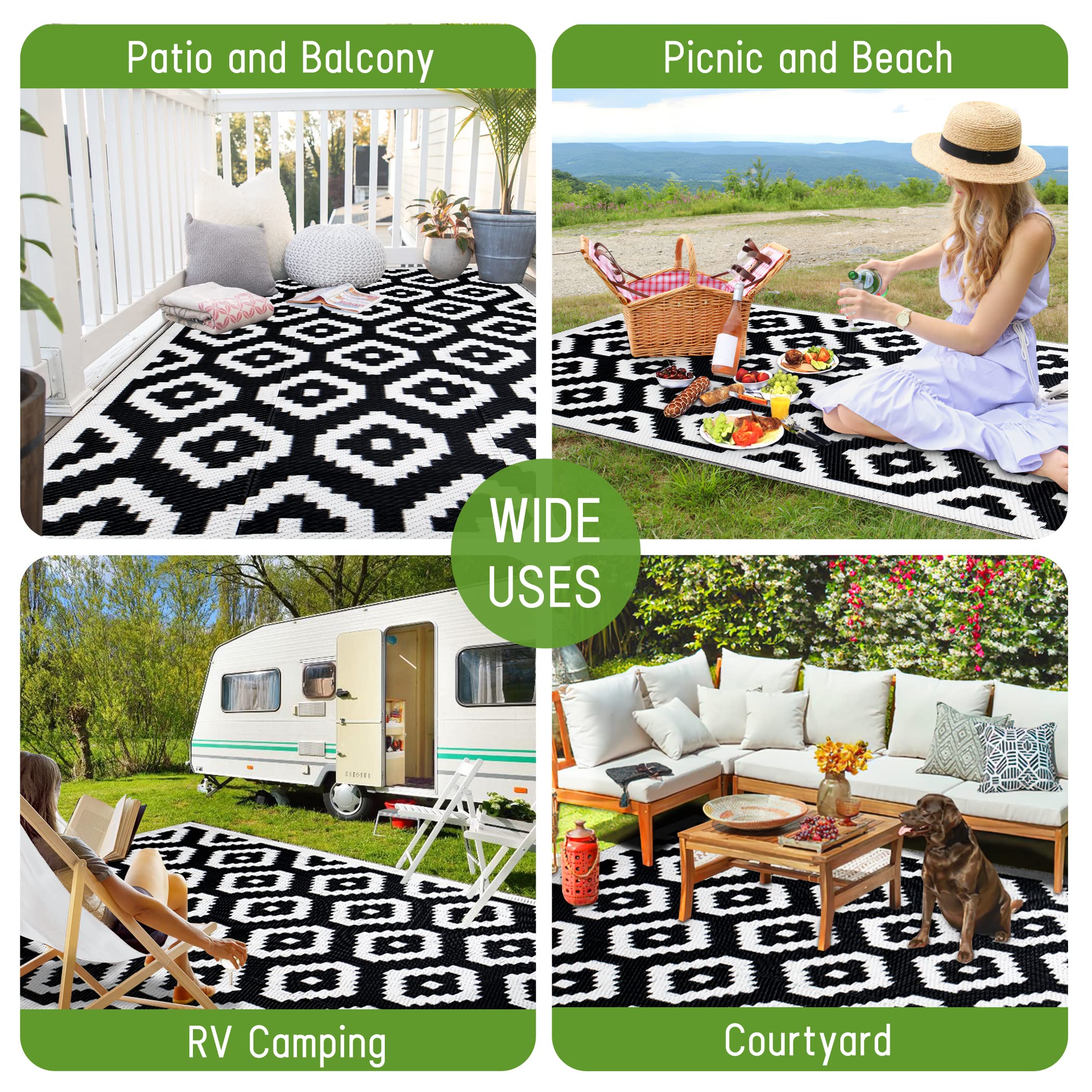 Easy-Going Reversible Outdoor Rugs 4x6ft Waterproof Plastic Straw Rug Stain & UV Resistant Floor Mat for Patio Porch RV Backyard Pool Deck Picnic Beach Trailer Camping (Diamond/Black & White)