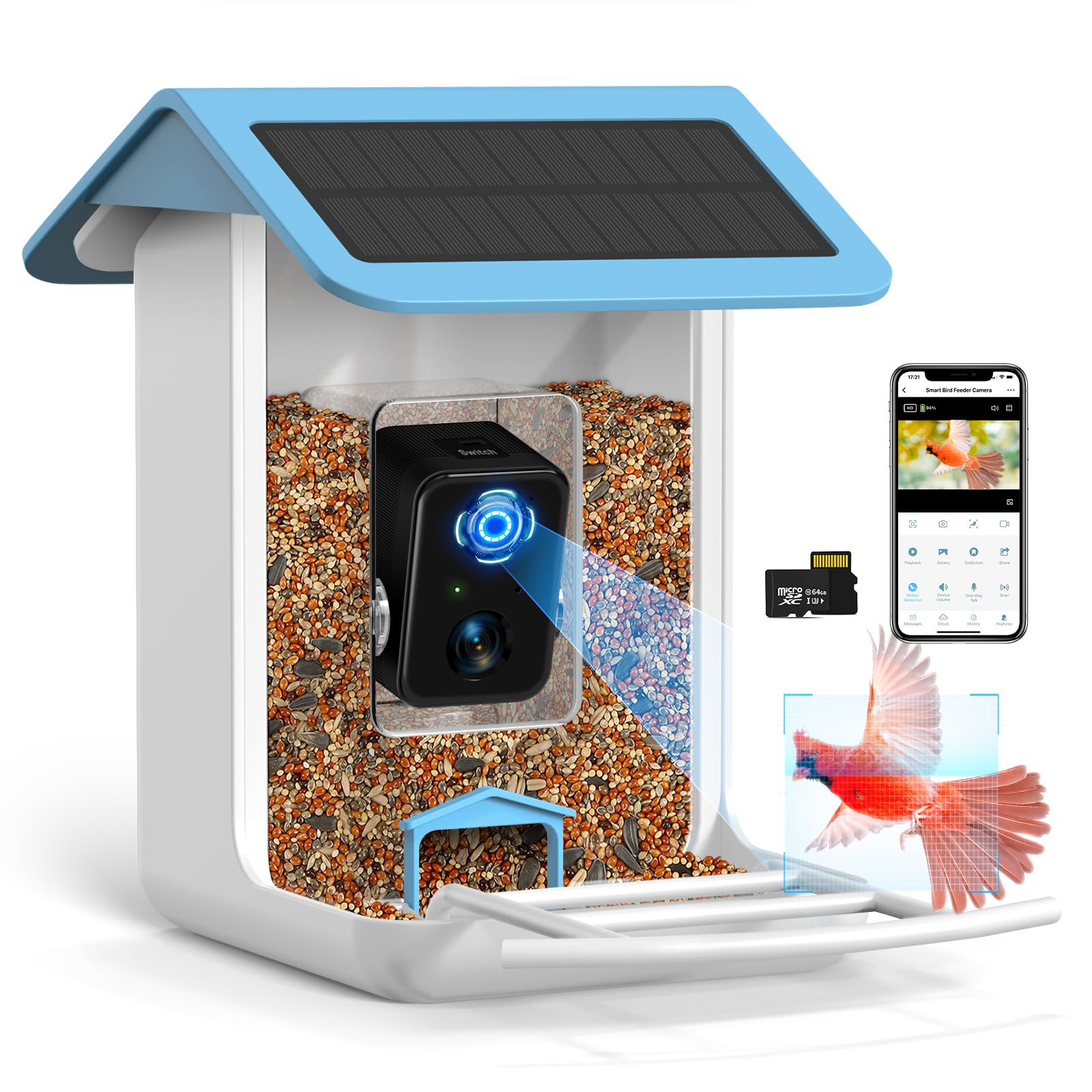 BROAIMX Smart Bird Feeder Camera, Free AI Forever, 1080P HD Camera Auto Capture Bird Videos & Solar Panel, App Notify When Birds Detected, Bird House with Built-in Two-Way Microphone