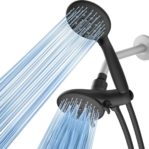 Cobbe 48-Setting High Pressure 3-Way Shower Head Combo, Hand Held Shower & Rain Shower Separately or Together, 4.7" Dual 2 in 1 Showerhead with Stainless Steel Hose - Matte Black