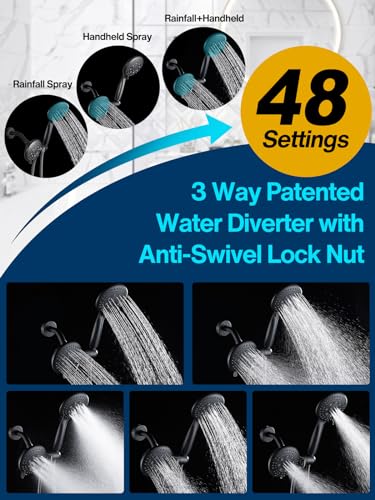 Cobbe 48-Setting High Pressure 3-Way Shower Head Combo, Hand Held Shower & Rain Shower Separately or Together, 4.7" Dual 2 in 1 Showerhead with Stainless Steel Hose - Matte Black