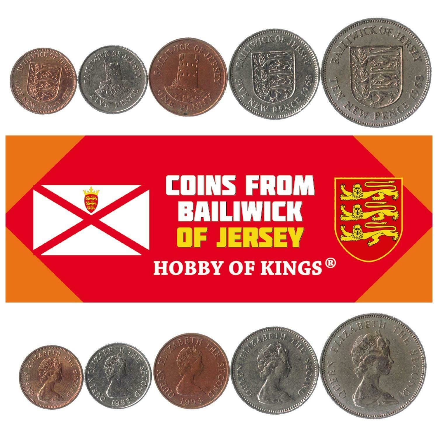 Bailiwick of Jersey 5 Mixed Coins | 5 Penny to 10 Pence | Jersey Currency Since 1971