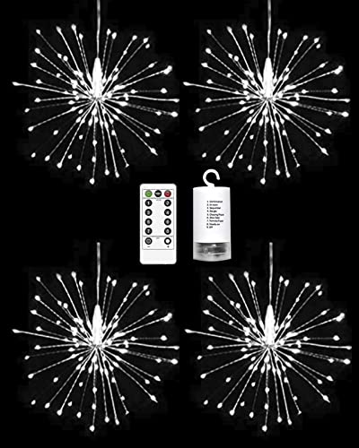 4 Pack Firework Lights 150 Led Copper Wire Starburst String Lights 8 Modes Battery Operated Fairy Lights with Remote Hanging Christmas Lights for Party Patio Wedding Waterproof Decoration (White)