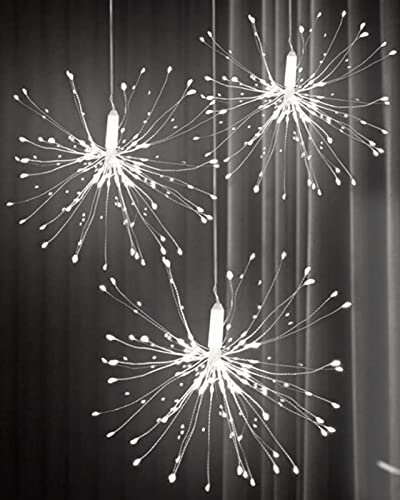 4 Pack Firework Lights 150 Led Copper Wire Starburst String Lights 8 Modes Battery Operated Fairy Lights with Remote Hanging Christmas Lights for Party Patio Wedding Waterproof Decoration (White)