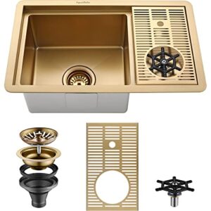 aguastella as1514xg brushed gold bar sink with glass rinser stainless steel undermount prep kitchen sink 23-1/4 x 14 inches single bowl