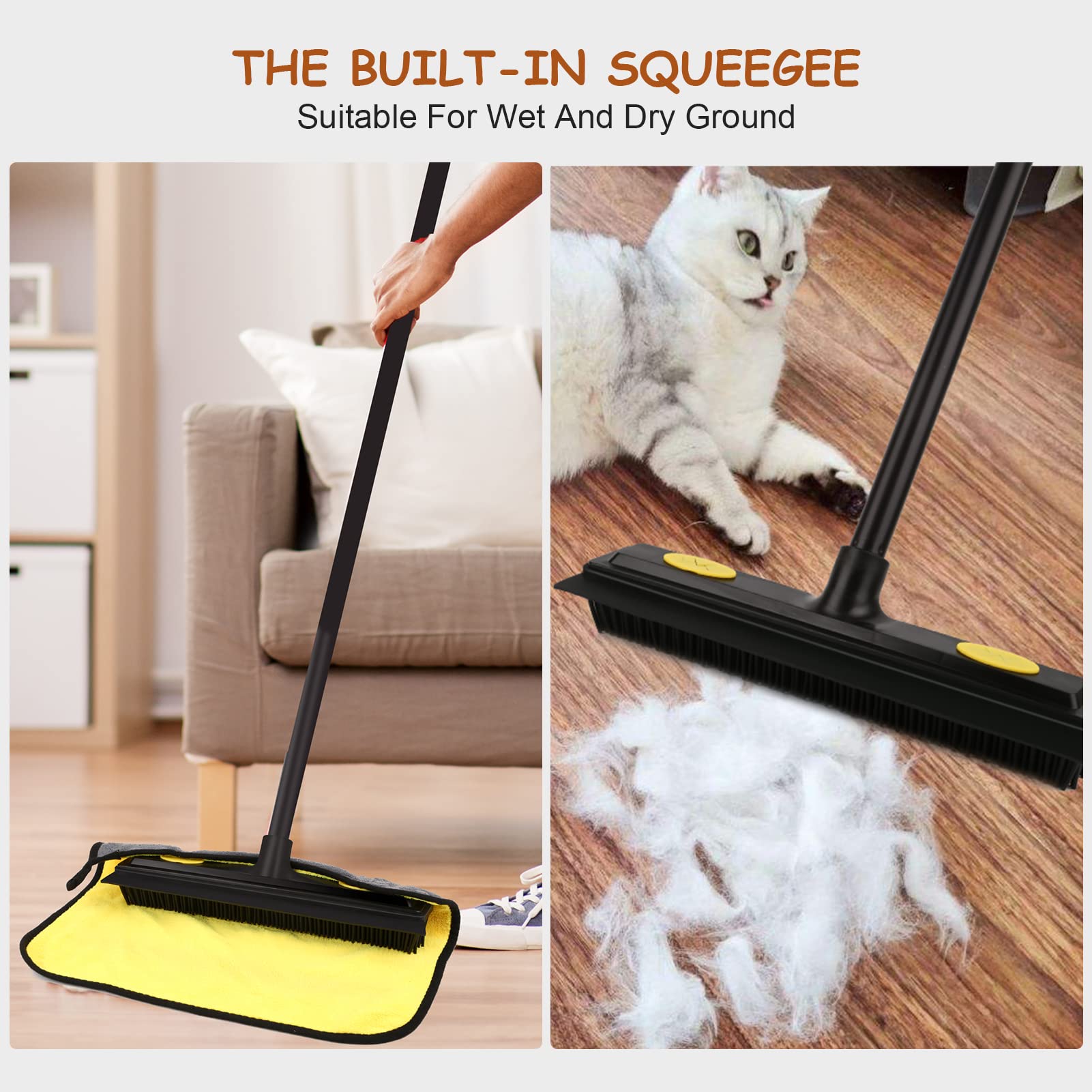 DoogePiit Rubber Broom for Pet Hair Remover,Carpet Rake-Rubber Broom with Squeegee, Portable Detailing Lint Remover Brush, Pet Hair Removal Tool for Carpet, Hardwood Floor, Tile, Window