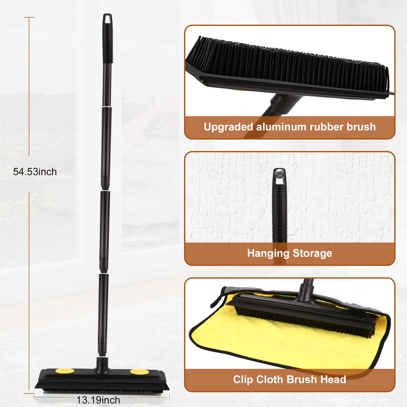 DoogePiit Rubber Broom for Pet Hair Remover,Carpet Rake-Rubber Broom with Squeegee, Portable Detailing Lint Remover Brush, Pet Hair Removal Tool for Carpet, Hardwood Floor, Tile, Window