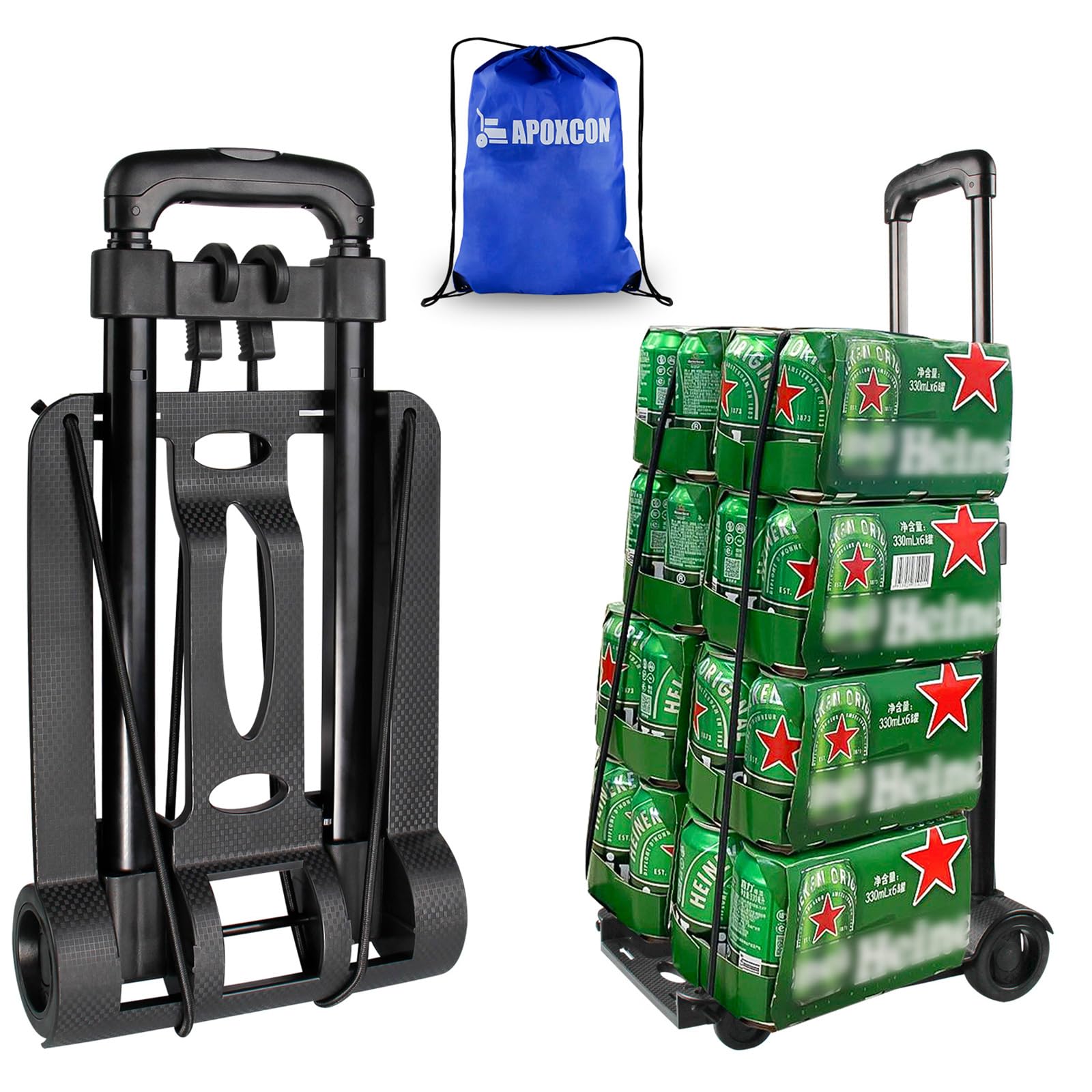 APOXCON Folding Hand Truck, Foldable Dolly Cart with Two Wheels, Collapsible Hand Cart with Adjustable Handle Lightweight Trolley Cart for Moving, Travel, Shopping, Office Use, Portable & Compact