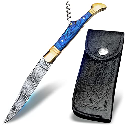 WARLOCKS CLUB Handmade Damascus Pocket Knife with Sheath, 7" Folding Hunting Knife for Outdoor Camping, Laguiole Pocket Knife, Cork Screw for Wine or Bottle Opener