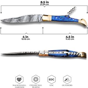 WARLOCKS CLUB Handmade Damascus Pocket Knife with Sheath, 7" Folding Hunting Knife for Outdoor Camping, Laguiole Pocket Knife, Cork Screw for Wine or Bottle Opener