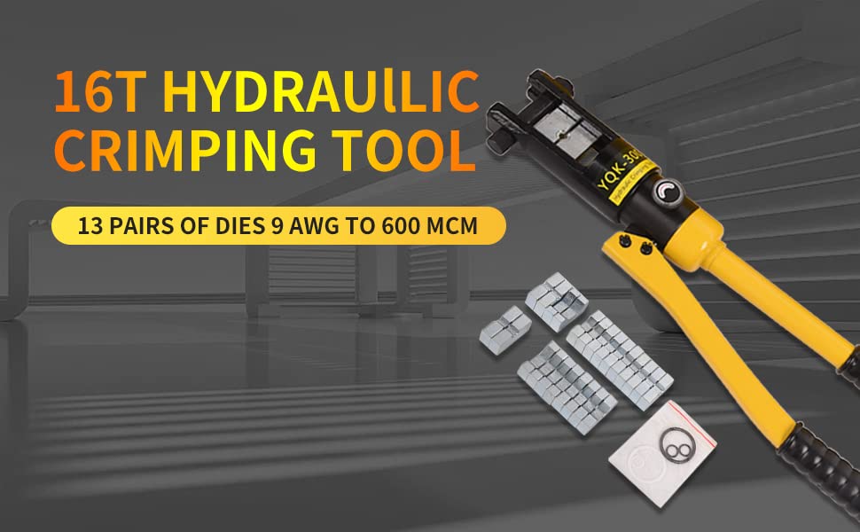 LFGUD 16T Hydraulic Crimping Tool 9 AWG to 600 MCM Battery Cable Crimping Tool 0.87 inch Stroke Hydraulic Lug Crimper Electrical Terminal Crimper with 13 Pairs of Dies