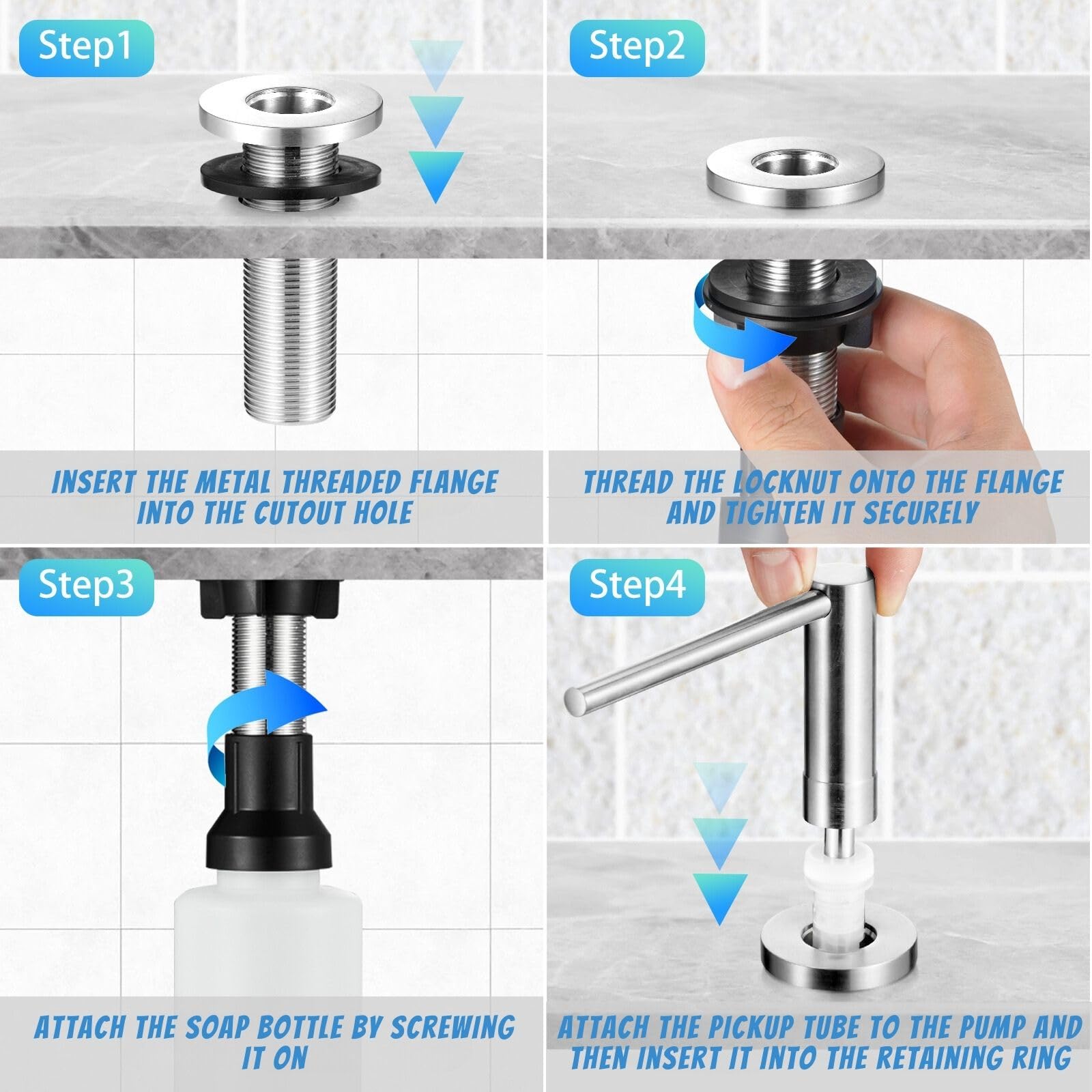 qiwip Long Spout Kitchen Sink Soap Dispenser for Granite & Quartz Countertop- Brushed Stainless Steel Finished- Wide Flange Provides Great Coverage on American Standard Sink Holes