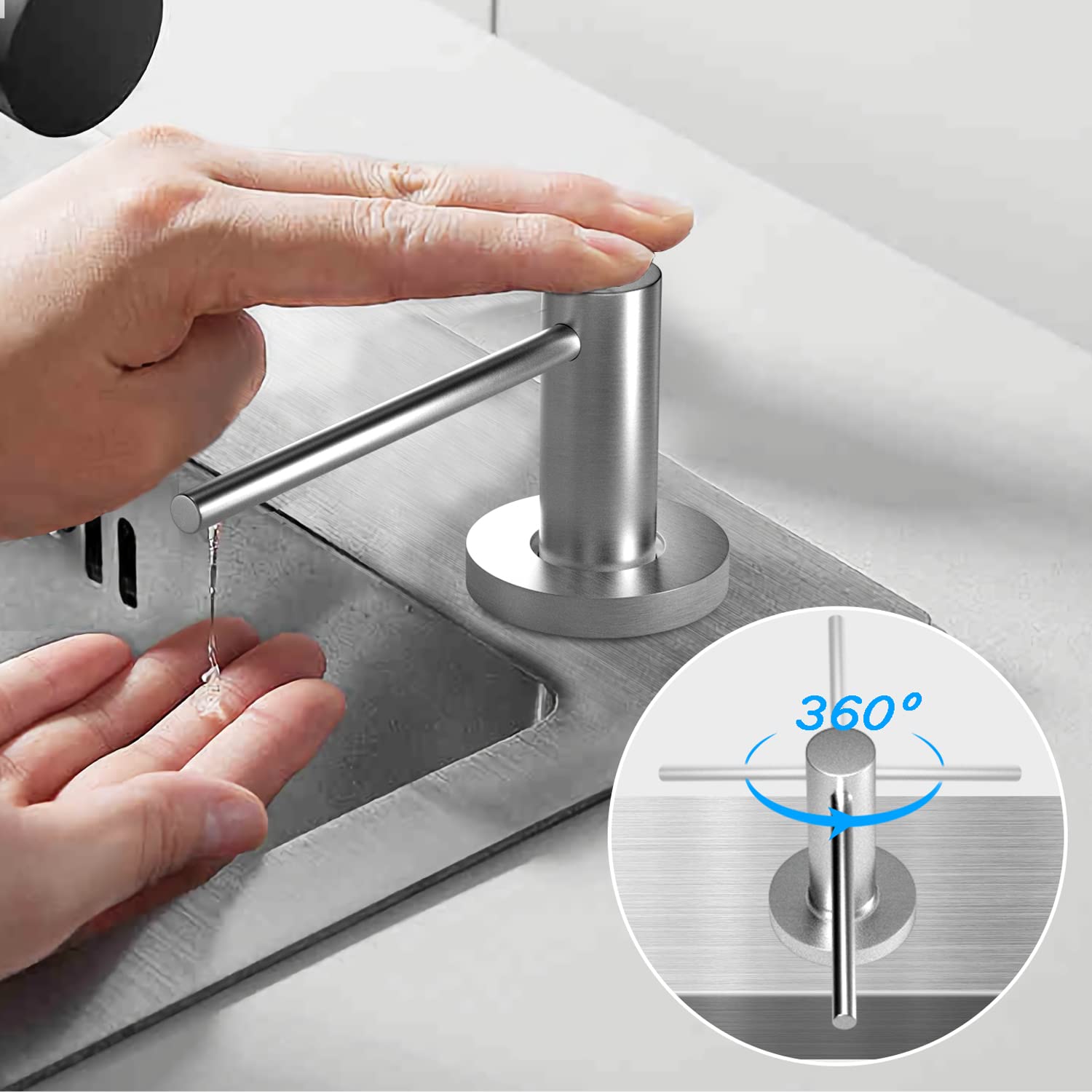 qiwip Long Spout Kitchen Sink Soap Dispenser for Granite & Quartz Countertop- Brushed Stainless Steel Finished- Wide Flange Provides Great Coverage on American Standard Sink Holes