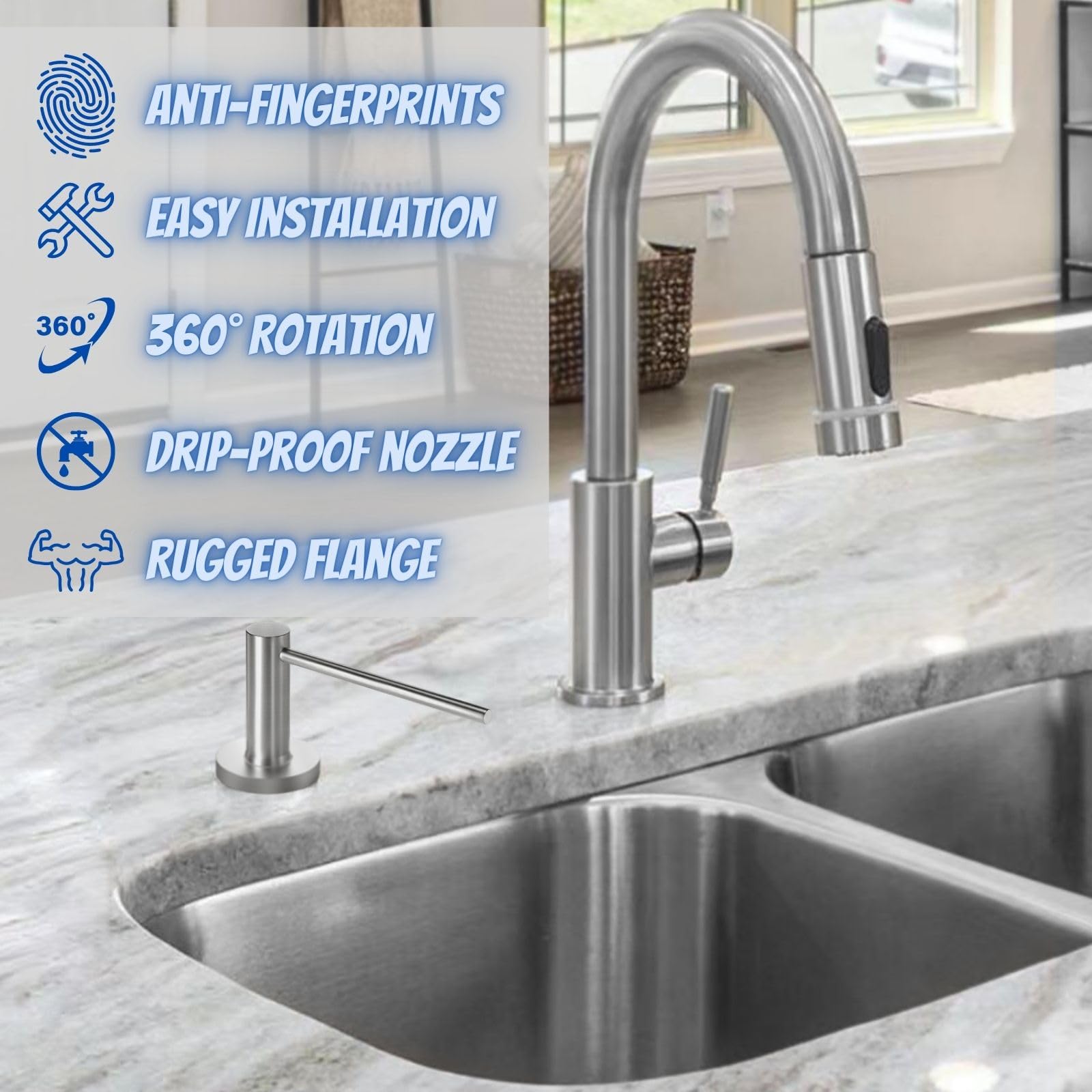 qiwip Long Spout Kitchen Sink Soap Dispenser for Granite & Quartz Countertop- Brushed Stainless Steel Finished- Wide Flange Provides Great Coverage on American Standard Sink Holes