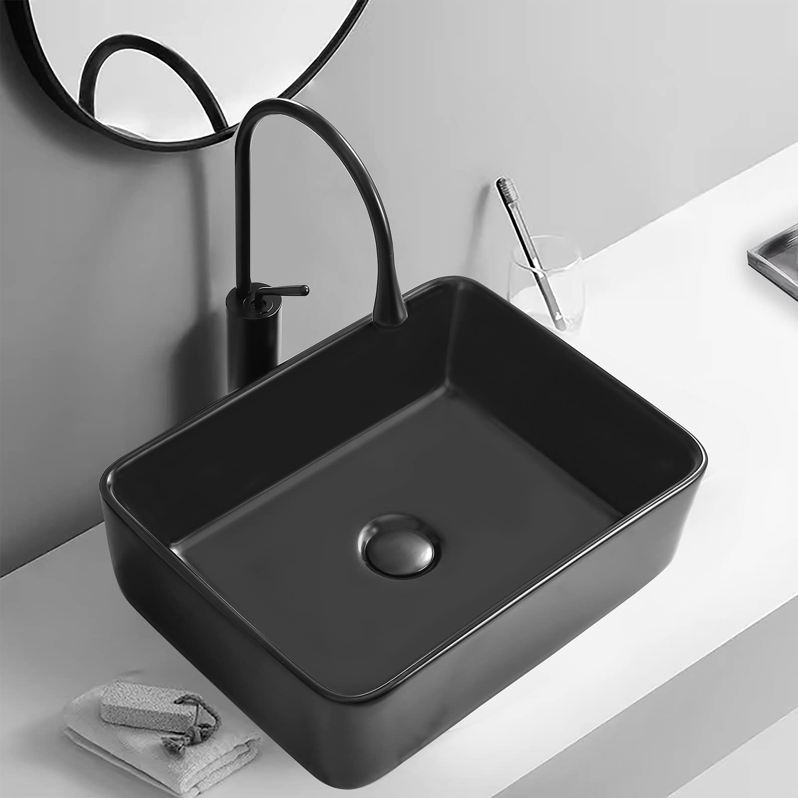 KARAMAG Black Vessel Sink,Rectangle 19"x15" Bathroom Sink Above Counter Porcelain Ceramic Small Sink Bowl Ceramic Vessel Sinks for Bathrooms