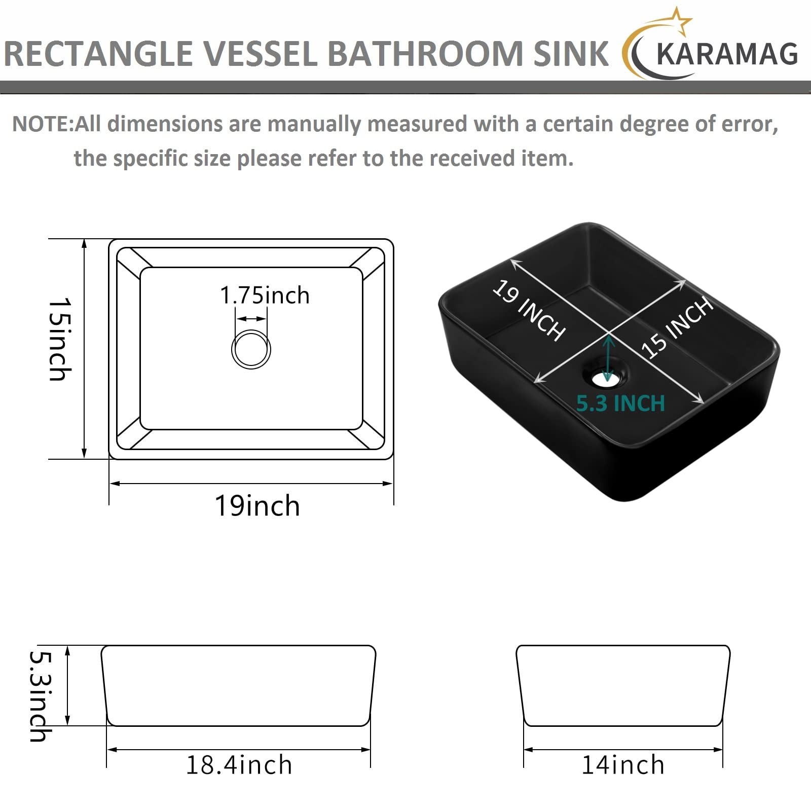 KARAMAG Black Vessel Sink,Rectangle 19"x15" Bathroom Sink Above Counter Porcelain Ceramic Small Sink Bowl Ceramic Vessel Sinks for Bathrooms